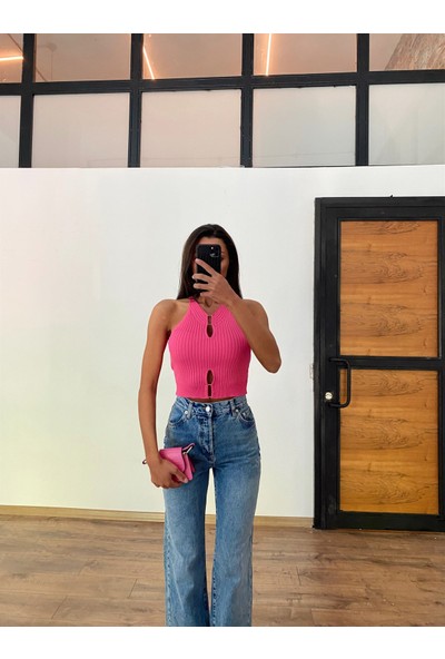 MyLove Fitilli Cut Out Crop Top Fuşya MyLove Fitilli Cut Out Crop Top Fuşya