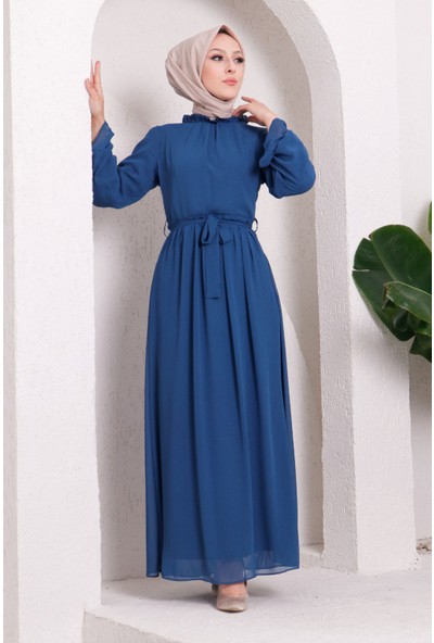 İmaj Butik Yaka Fırfır Detaylı Şifon Tesettür Elbise/saks