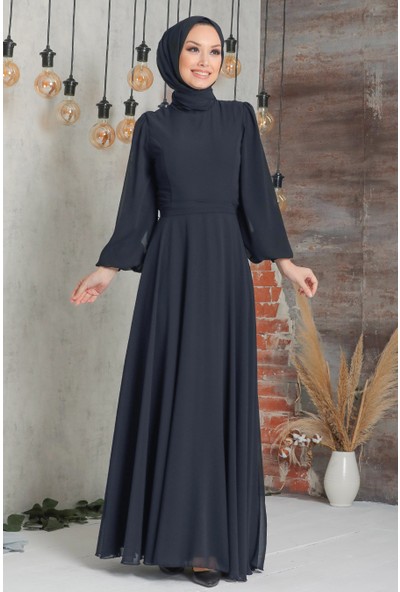 Tesettürlü Abiye Elbise - Balon Kol Lacivert Tesettür Abiye Elbise 5470L