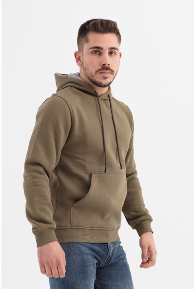 Kapüşonlu Düz Desen Kanguru Cep Sweatshirt-Haki Kapüşonlu Düz Desen Kanguru Cep Sweatshirt-Haki