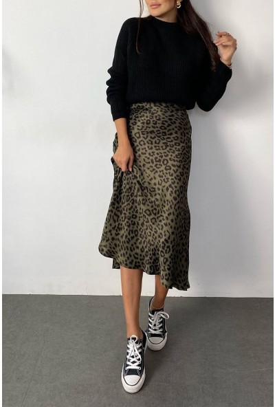 Hisleria Leopar Desen Saten Midi Boy Etek - Haki Yeşil