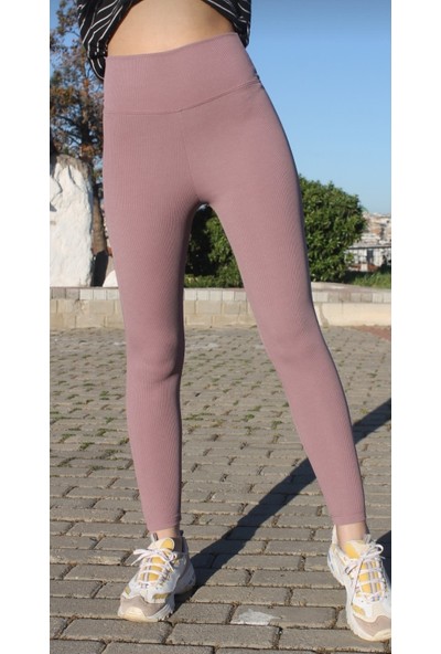 Purple Life Ekstra Yüksek Bel Düz Kemer Fitilli Örme Tayt