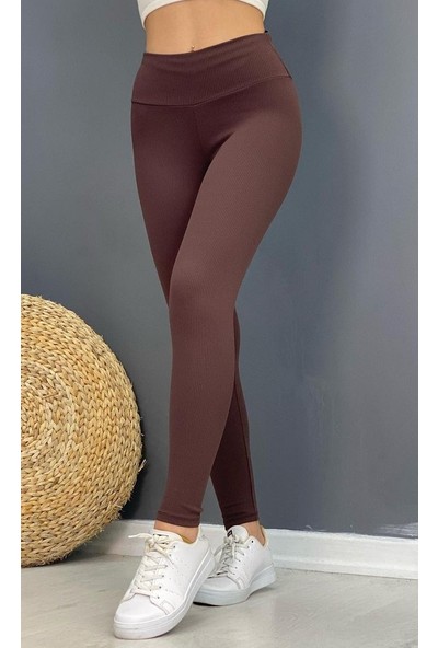 Purple Life Ekstra Yüksek Bel Düz Kemer Fitilli Örme Tayt