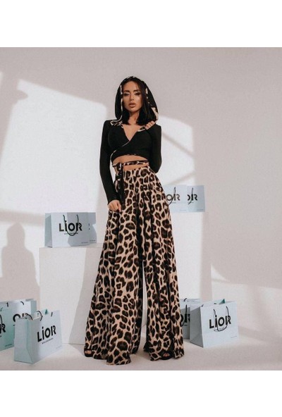 Black&Grace Leopar Desenli Ispanyol Paça Pantolon