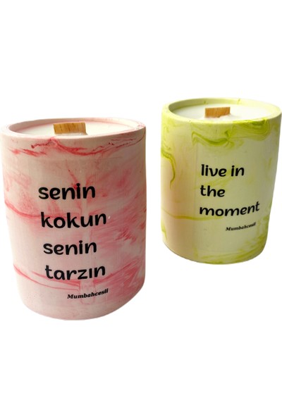 Mum Bahçesi 2'li Mermer Desenli Mum Seti / Lavanta Kokulu