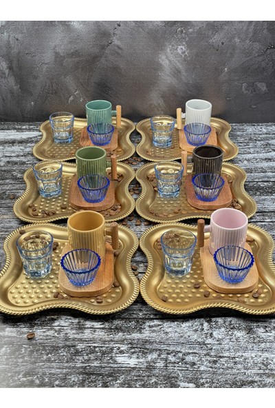 Yzhome 6 Kişilik Lüx Seramik Kahve Fincan Takımı Seti Kahve Yanı Bardak ve Sunum Tepsi 30 Parça