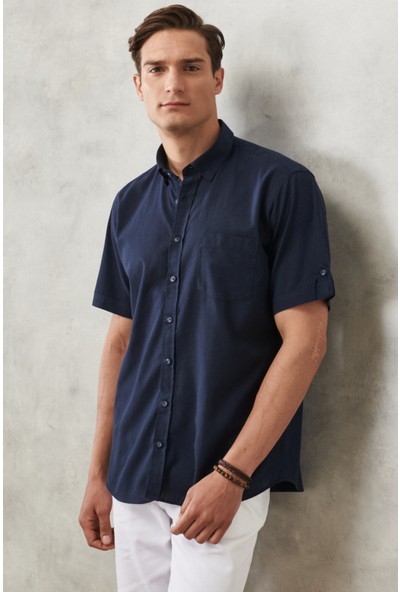 Ac&Co / Altınyıldız Classics Erkek Lacivert Comfort Fit Düğmeli Yaka %100 Pamuk Flamlı Kısa Kollu Casual Gömlek Ac&Co / Altınyıldız Classics Erkek Lacivert Comfort Fit Düğmeli Yaka %100 Pamuk Flamlı Kısa Kollu Casual Gömlek