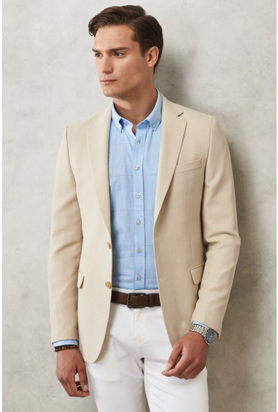 Altınyıldız Classics Erkek Bej Slim Fit Dar Kesim Mono Yaka Desenli Ceket