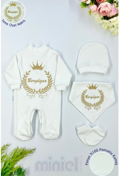 Bebek Isime Özel Nakışlı Pamuklu Hastane Çıkışı Tulum Seti 4lü - Ekru Bebek Isime Özel Nakışlı Pamuklu Hastane Çıkışı Tulum Seti 4lü - Ekru