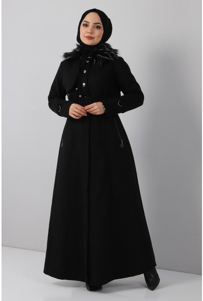 Moda Mihram Yakası Kürklü Kaşe Kaban Siyah Moda Mihram Yakası Kürklü Kaşe Kaban Siyah