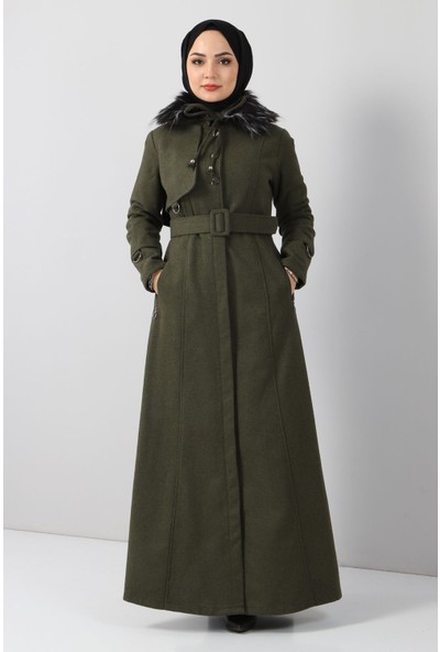 Moda Mihram Yakası Kürklü Kaşe Kaban Haki Moda Mihram Yakası Kürklü Kaşe Kaban Haki
