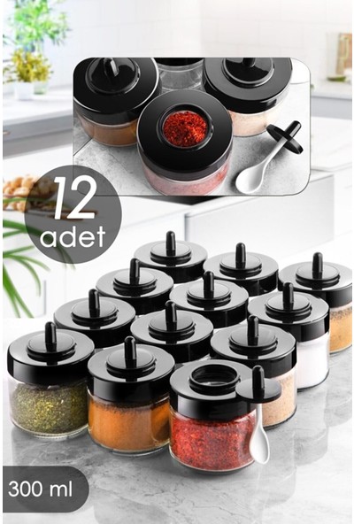 Yzhome 12 Adet Kapağı Kendinden Kaşıklı Baharatlık Seti Kavanoz 300 ml Cam Kavanoz
