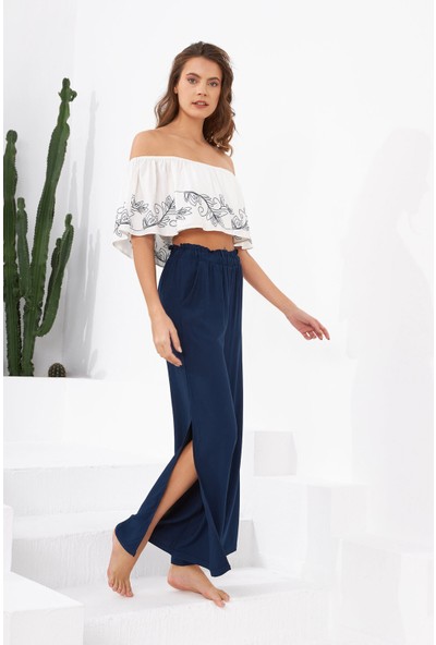 Nbb Beyaz Lacivert Etnik Desen Straplez Takım