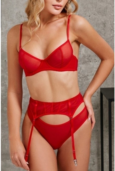 Kadın Kırmızı Transparan Jartiyer Takım Alt Üst Bel Jartiyeri Çamaşır Takım