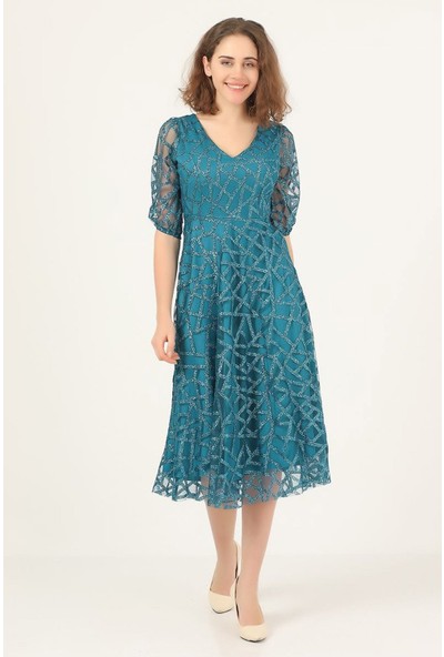 Petrol Kadın V Yaka Iç Astarlı Midi Boy Işıltılı Abiye Elbise