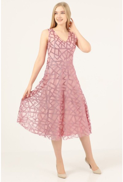 Pudra Kadın V Yaka Iç Astarlı Midi Boy Işıltılı Abiye Elbise