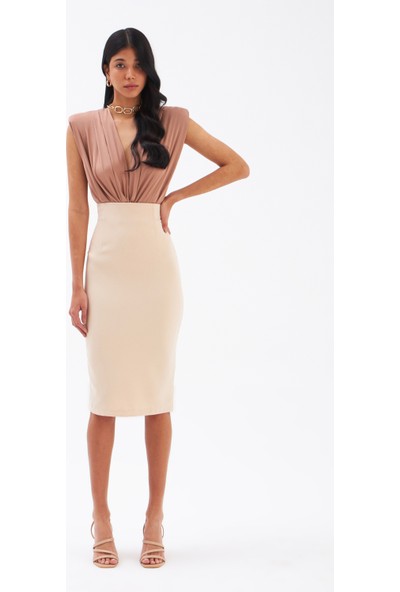 Sateen Düz Kalem Etek - Bej