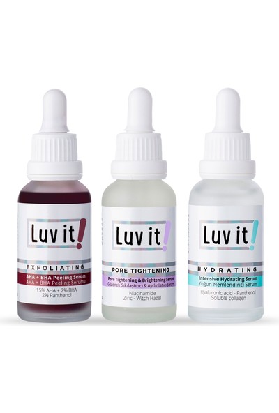 Luv it! Yoğun Nemlendirici Cilt Yenileyici Aha Bha Peeling ve Gözenek Sıkılaştırıcı 3’lü Cilt Bakım Seti Luv it! Yoğun Nemlendirici Cilt Yenileyici Aha Bha Peeling ve Gözenek Sıkılaştırıcı 3’lü Cilt Bakım Seti