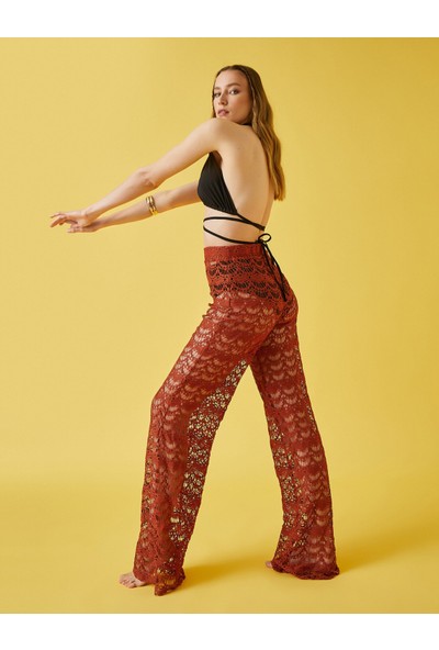 Koton Ece Sükan x Koton - Yüksel Bel Örgü Detaylı Bol Paça Pantolon