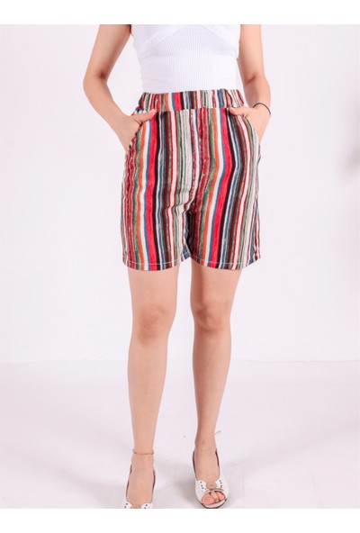 Almia Butik Çizgili Renkli Kadın Şort