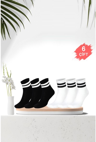 Spor Byfit 6 Çift Kadın Siyah-Beyaz Çizgili Spor Kolej Çorap