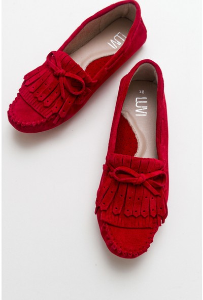 Pace Kırmızı Süet Deri Kadın Babet