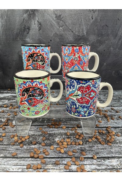 Yzhome 4'lü Seramik Renkli Çini Desen Kupa Bardak