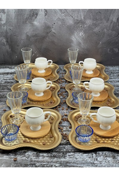 Yzhome 6 Kişilik Lüx Porselen Kahve Fincan Takımı Seti Flüt Kahve Yanı Bardak ve Sunum Tepsi 30 Parça
