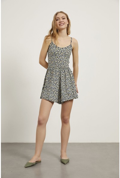 Shamra Ip Askılı Şortlu Çiçekli Mavi Tulum