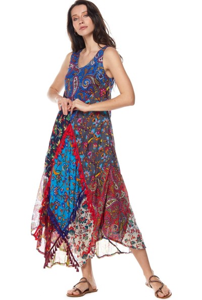 Şile Bezi Turkuaz Patchwork Elbise