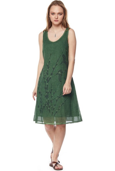 Şile Bezi Yeşil Kolsuz Doğa Elbise