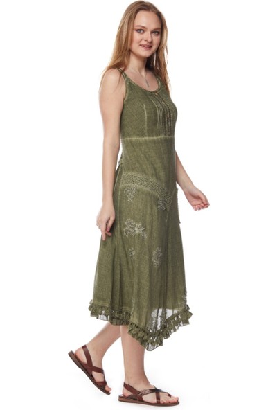 Şile Bezi Haki Askılı Püsküllü Elbise