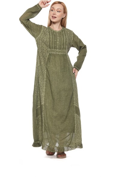 Şile Bezi Haki Uzun Kollu Elbise