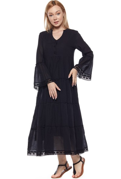 Şile Bezi Uzun Kollu Siyah Düğmeli Elbise
