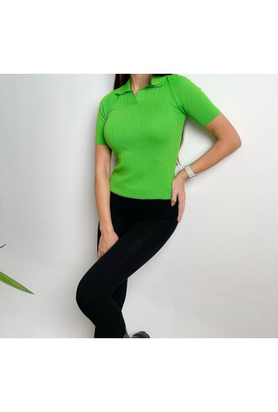 Graviola Vogue Kadın Polo Yaka Yazlık Fitilli Örme Bluz