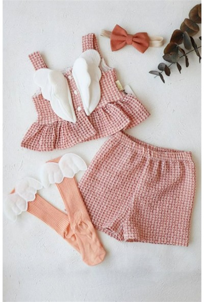 Somon Renkli Melek Kanatlı Potikareli Bebek Crop Özel Set Somon Renkli Melek Kanatlı Potikareli Bebek Crop Özel Set