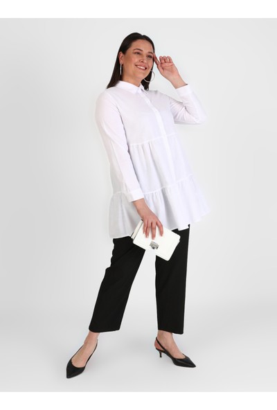 Alia Büyük Beden Boydan Düğmeli Tunik - Beyaz - Alia
