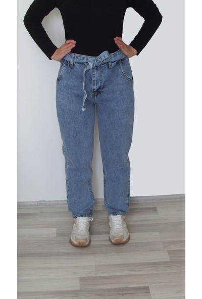 Dobre Jeans Kadın Yüksek Bel Kar Yıkamalı Mavi Kemerli-Önden Bağlamalı Mom Jeans Kot Pantolon 34 Beden