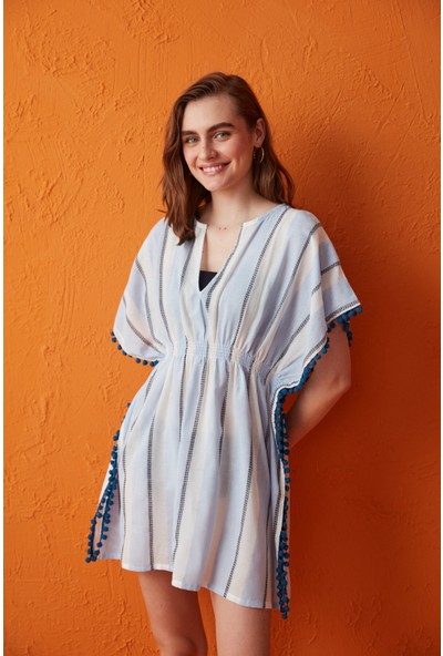 Penti Çizgili Striped Pom Pom Kaftan