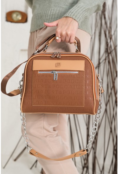 Kadın Just Polo Gofraj Baskılı Jilet Motifli Fermuar Uçları Vegan Omuz Çantası