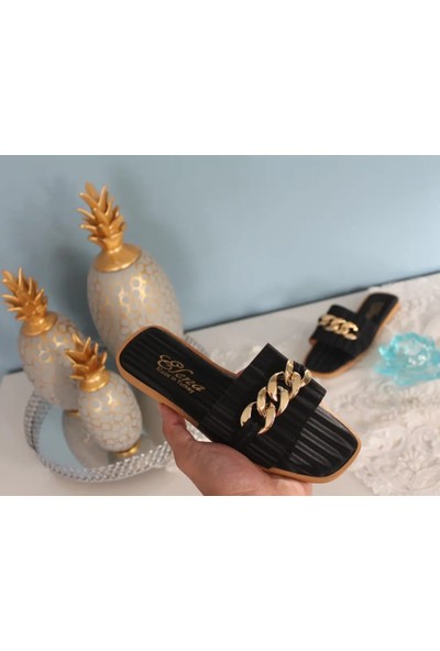 İpek Shoes Zincir Desenli Siyah Kadın Terlik Dış Mekan ve Ev Terliği