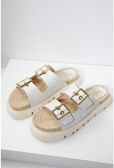 Kanna Çift Metal Tokalı Hasır Deri Terlik