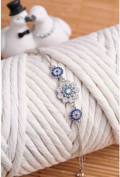 Encili Silver 925 Ayar Gümüş Nazar Taşlı Çiçek Model Gümüş Renk Kadın Bileklik