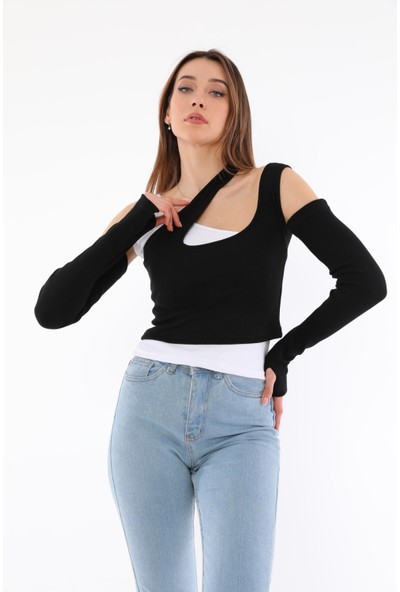 SB Collection Siyah Beyaz Asimetrik Bluz