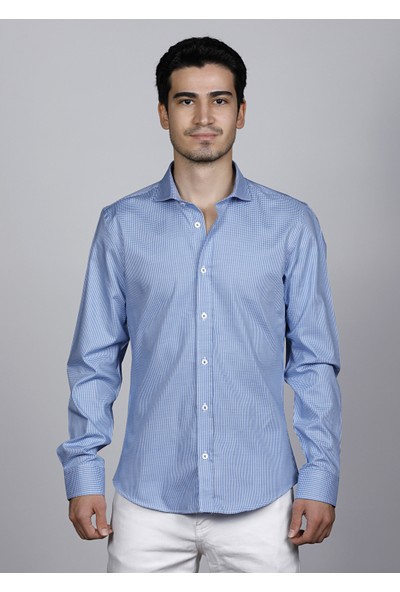 Salve Pamuk Slim Fit Premium Serisi Kazayağı Desenli Mavi Gömlek 22127