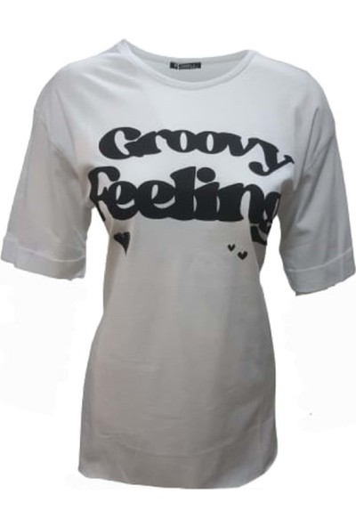 Kuzey Kadın Baskılı Yırtmaçlı Oversize Kadın T-Shirt 3095 - Beyaz - M Kuzey Kadın Baskılı Yırtmaçlı Oversize Kadın T-Shirt 3095 - Beyaz - M