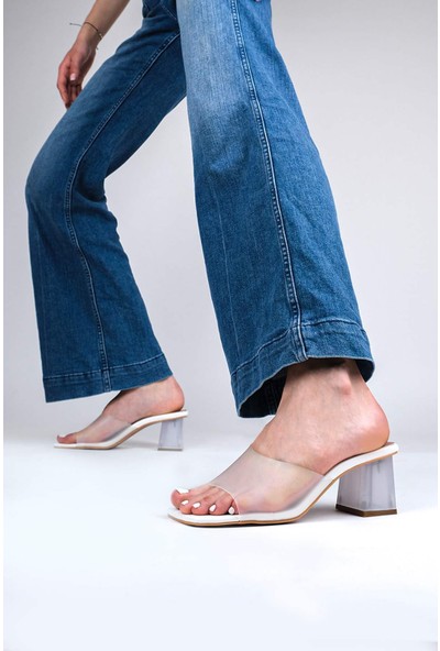 Beyaz Şeffaf Bantlı Kalın Topuklu Günlük Terlik - Twice