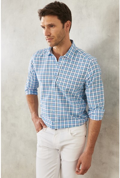 Ac&Co / Altınyıldız Classics Erkek Beyaz-Mavi Slim Fit Dar Kesim Kareli Klasik Gömlek
