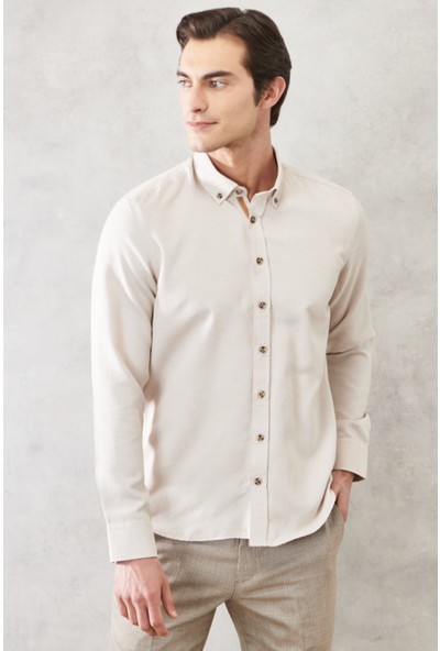 Altınyıldız Classics Erkek Bej Slim Fit Dar Kesim Düğmeli Yaka Armürlü Uzun Kollu Gömlek Altınyıldız Classics Erkek Bej Slim Fit Dar Kesim Düğmeli Yaka Armürlü Uzun Kollu Gömlek