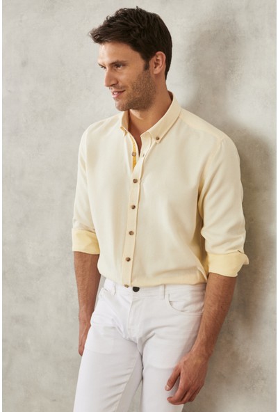 ALTINYILDIZ CLASSICS Erkek Sarı Slim Fit Dar Kesim Düğmeli Yaka Armürlü Uzun Kollu Gömlek ALTINYILDIZ CLASSICS Erkek Sarı Slim Fit Dar Kesim Düğmeli Yaka Armürlü Uzun Kollu Gömlek